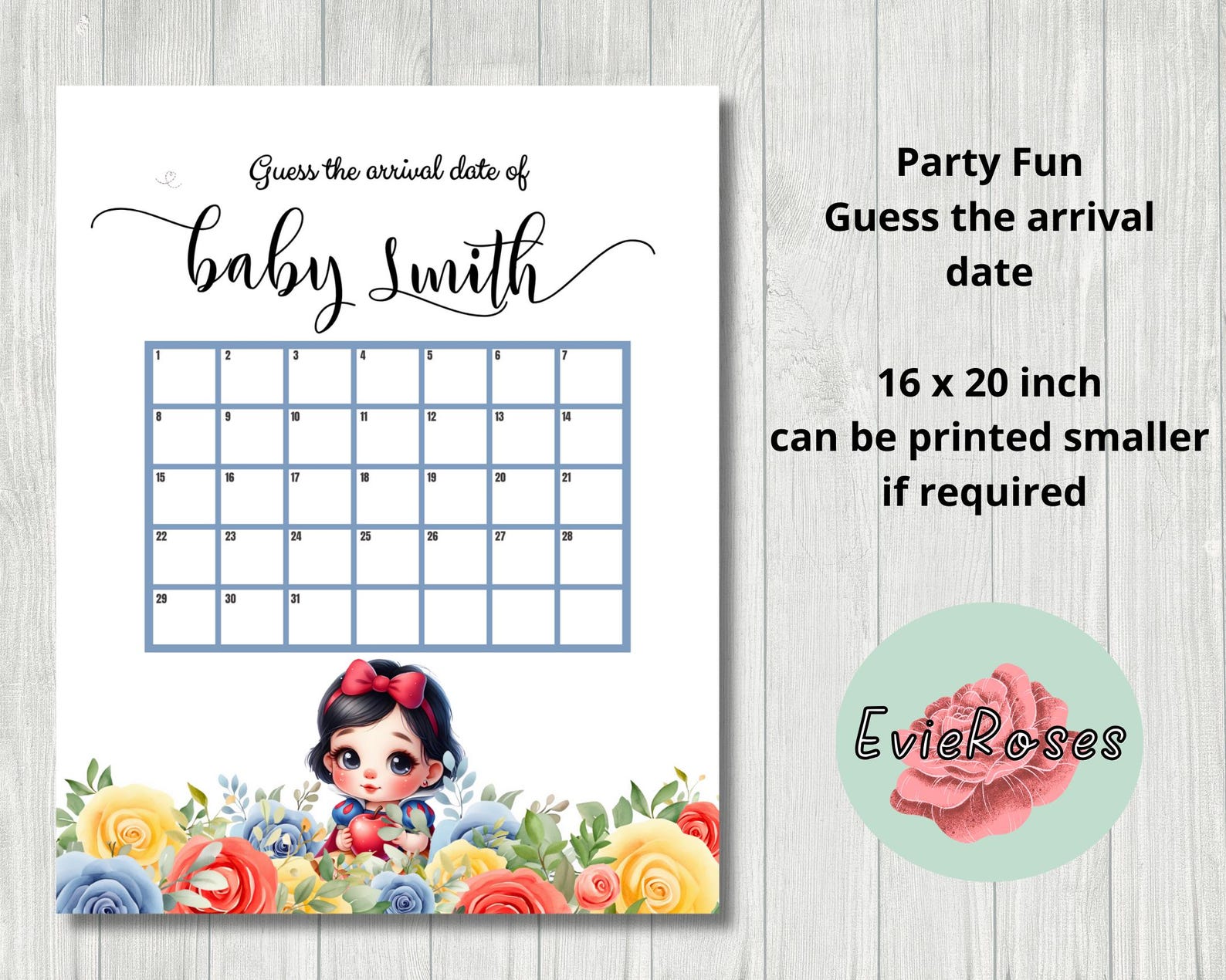 Snow White Baby Shower Game: Guess the Arrival Date (digital Download ...