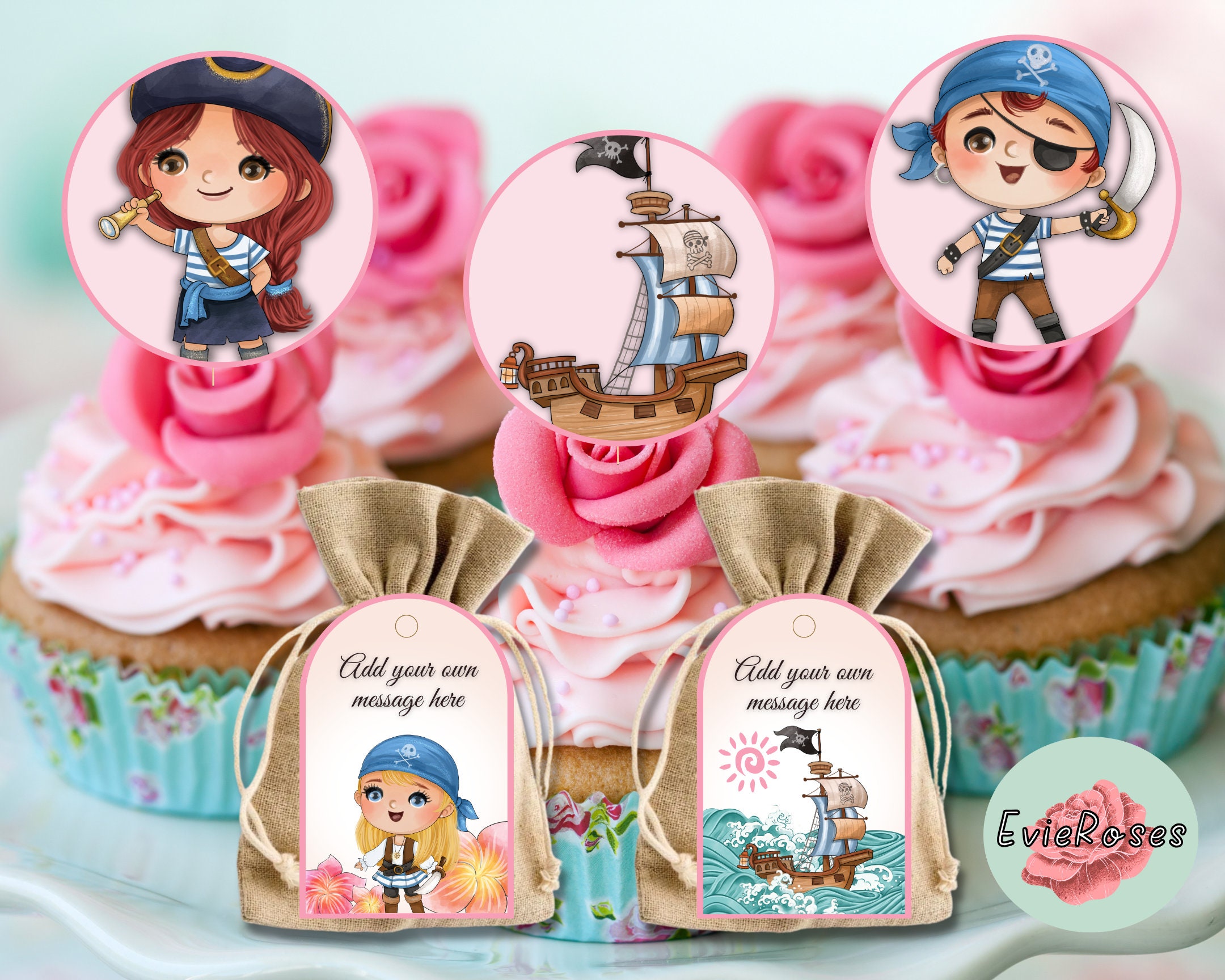 Pirate Tags and Toppers, Pink Pirate Ship Gift Tags, Pirate Cake ...