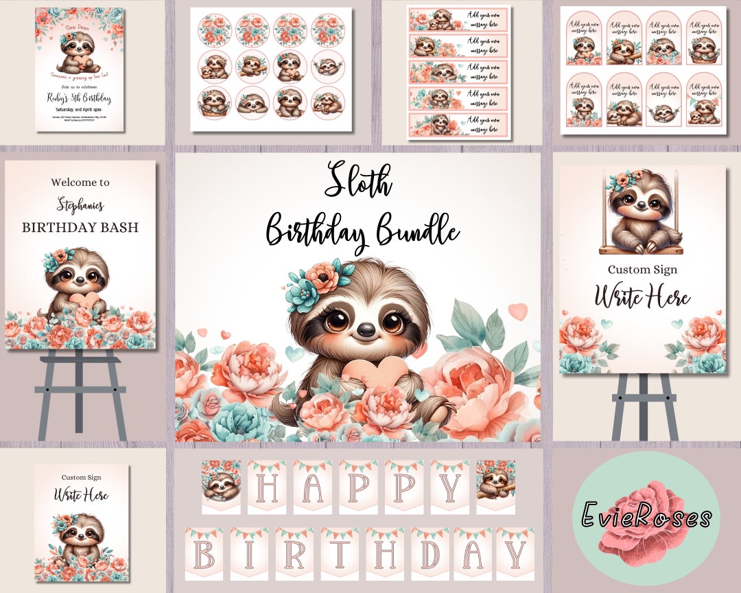 Sloth Birthday Invitation Bundle: Boho Party Decor (digital Design) - Etsy