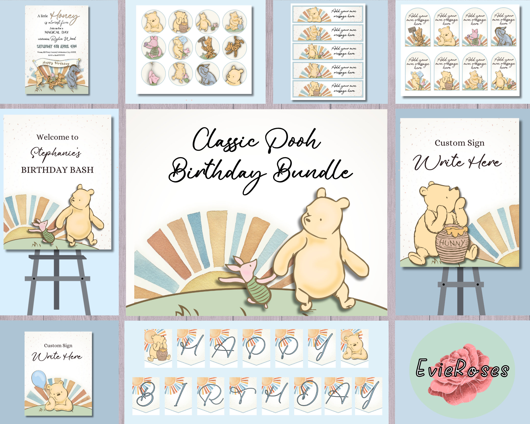Classic Winnie Birthday Bundle, Pooh and Piglet Party Invite, Winnie ...
