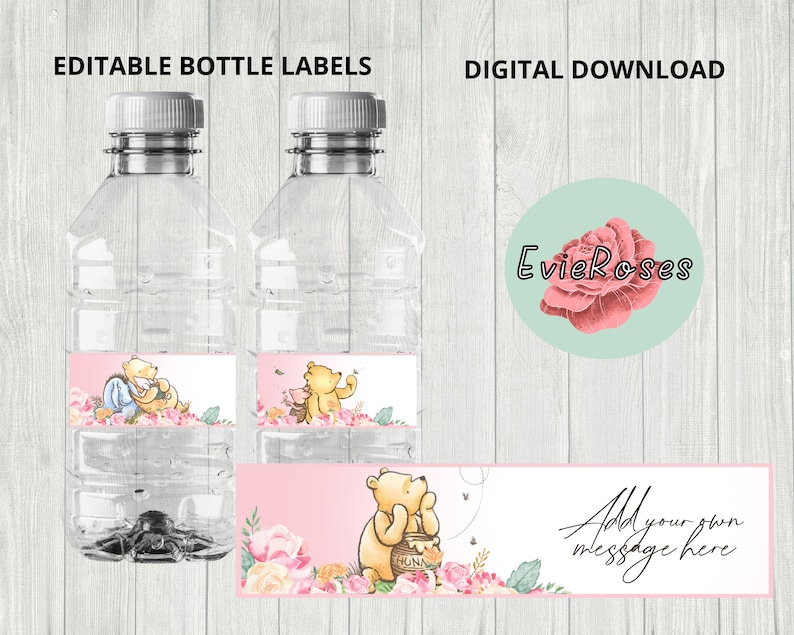 Classic Winnie the Pooh Bottle Labels, Baby Pink Pooh Bear Party Decor ...