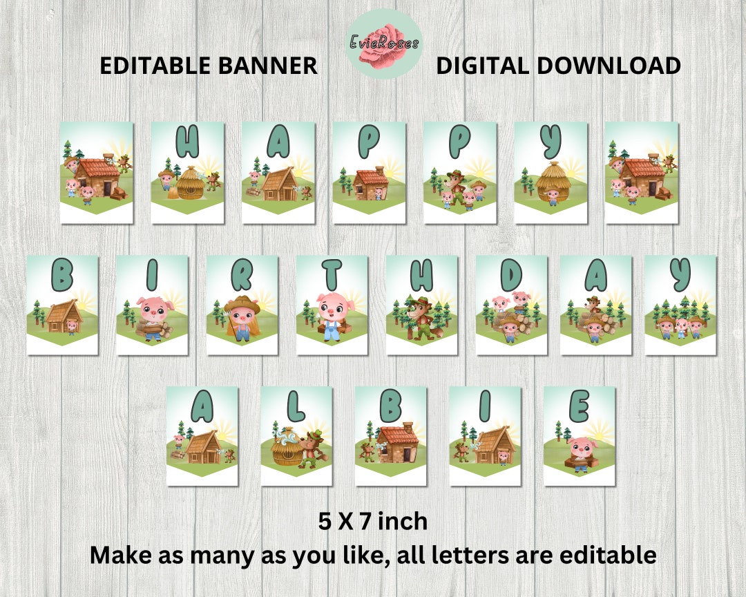 Three Little Pigs Printable Banner, Kids Fable Birthday Banner, Blue ...