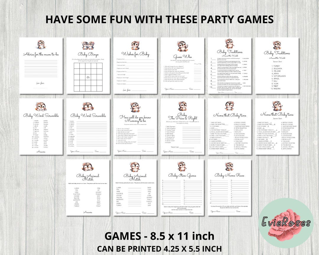 Penguin Baby Shower Games Bundle, Baby Bird Printable Activities, Girls ...