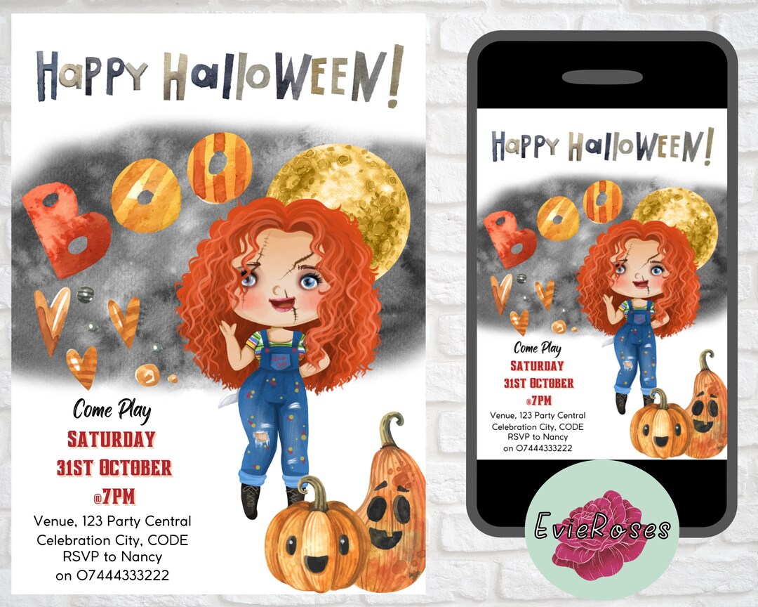 Chucky Girl Doll Scary Halloween Invite, Horror Movie Character Text ...