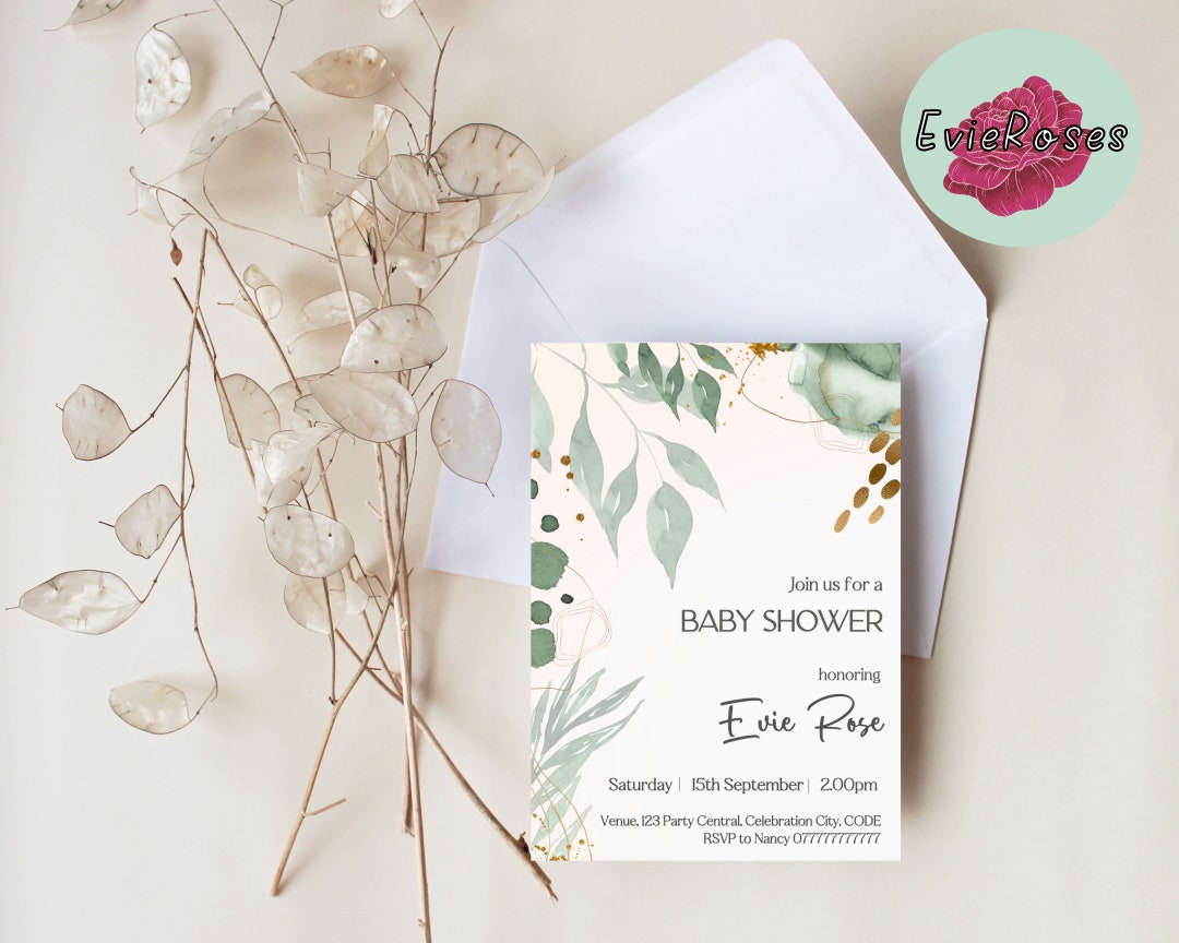 Sage Green Baby Shower Invite, Gold Abstract Leaf Party Decor, Elegant ...