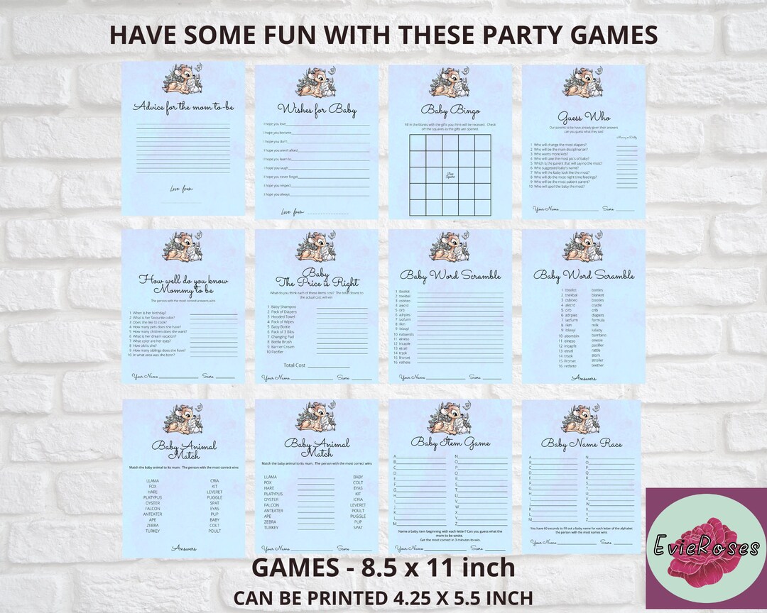 Blue Deer Baby Shower Games Bundle, Woodland Themed Fun Shower ...