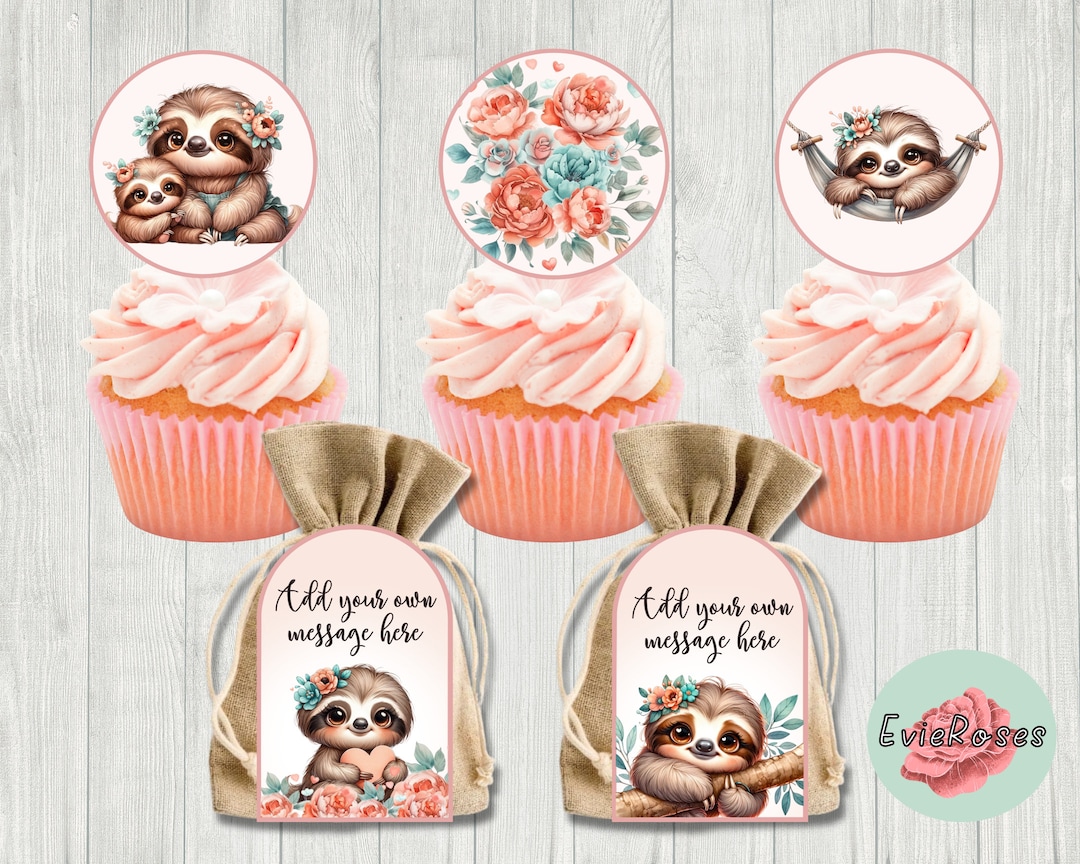 Sloth Gift Tags and Cupcake Toppers, Boho Party Printable Decor, Floral ...