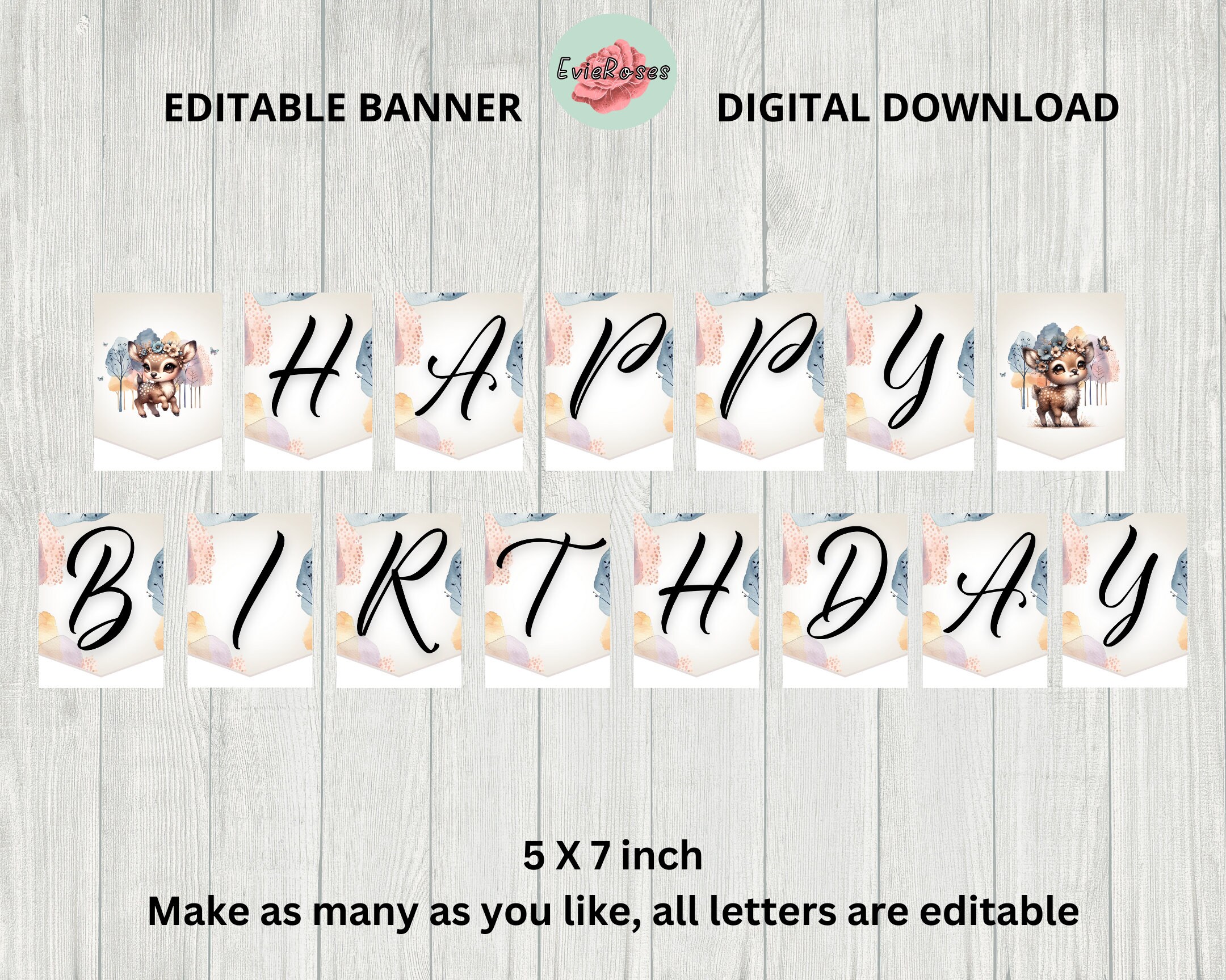 Deer Birthday Banner, Watercolor Woodland Printable Party Decor, Bambi ...