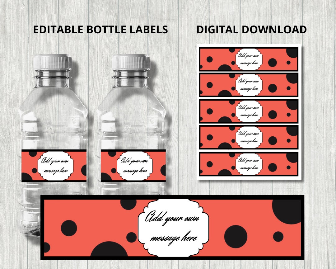 Red and Black Bottle Labels, Ladybug Party Decor, Printable Polka Dot ...