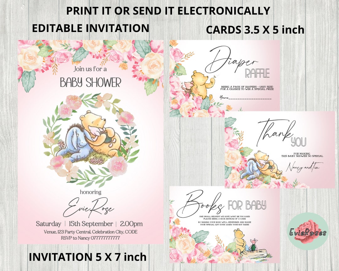 Pink Pooh Bear Baby Shower Bundle, Editable Winnie the Pooh Invite ...