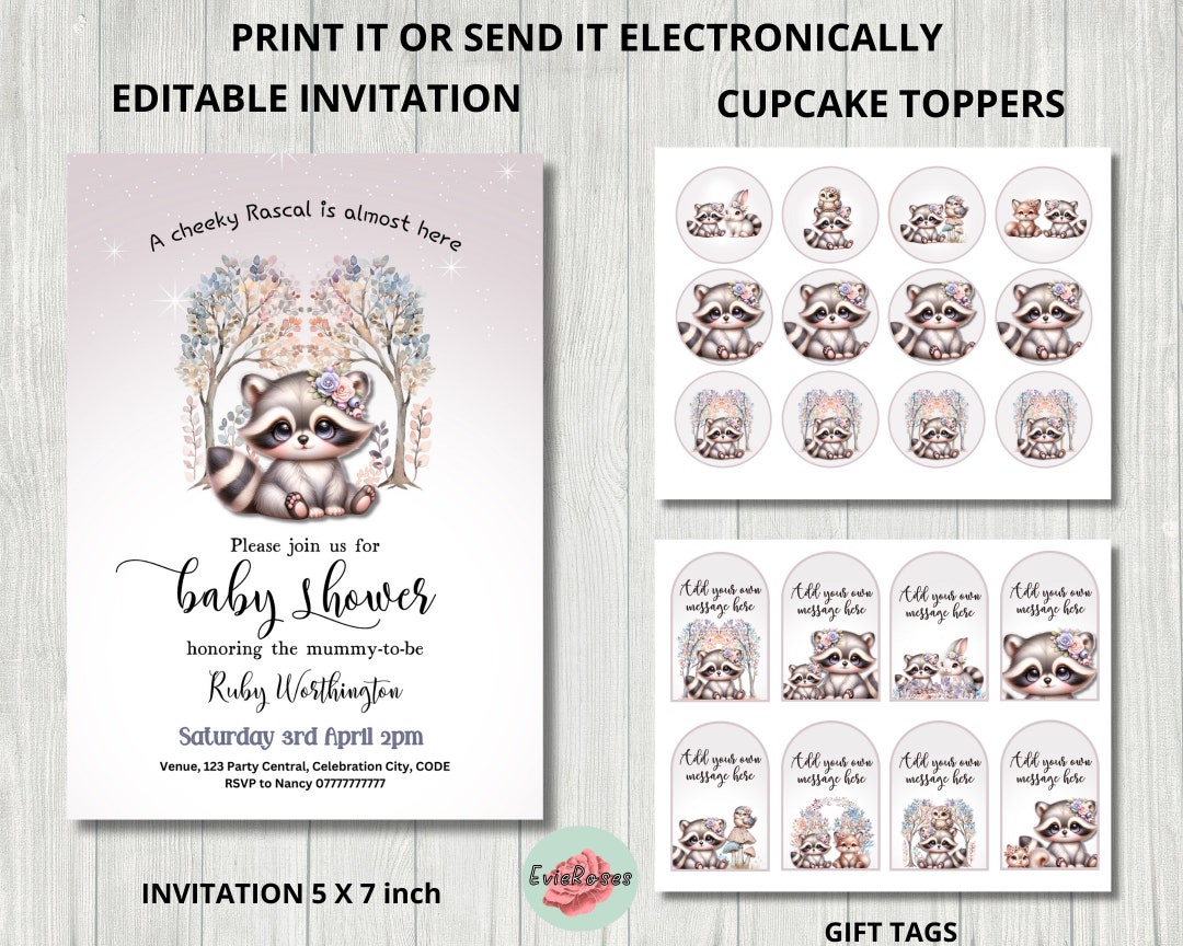 Raccoon Baby Shower Bundle, Little Rascal Invitation, Neutral Woodland ...