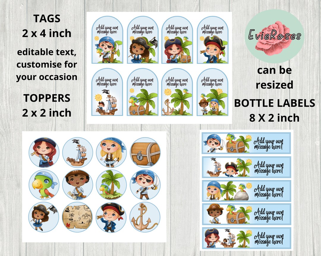 Pirate Party Bundle: Editable Tags, Toppers, Bottle Labels (digital ...