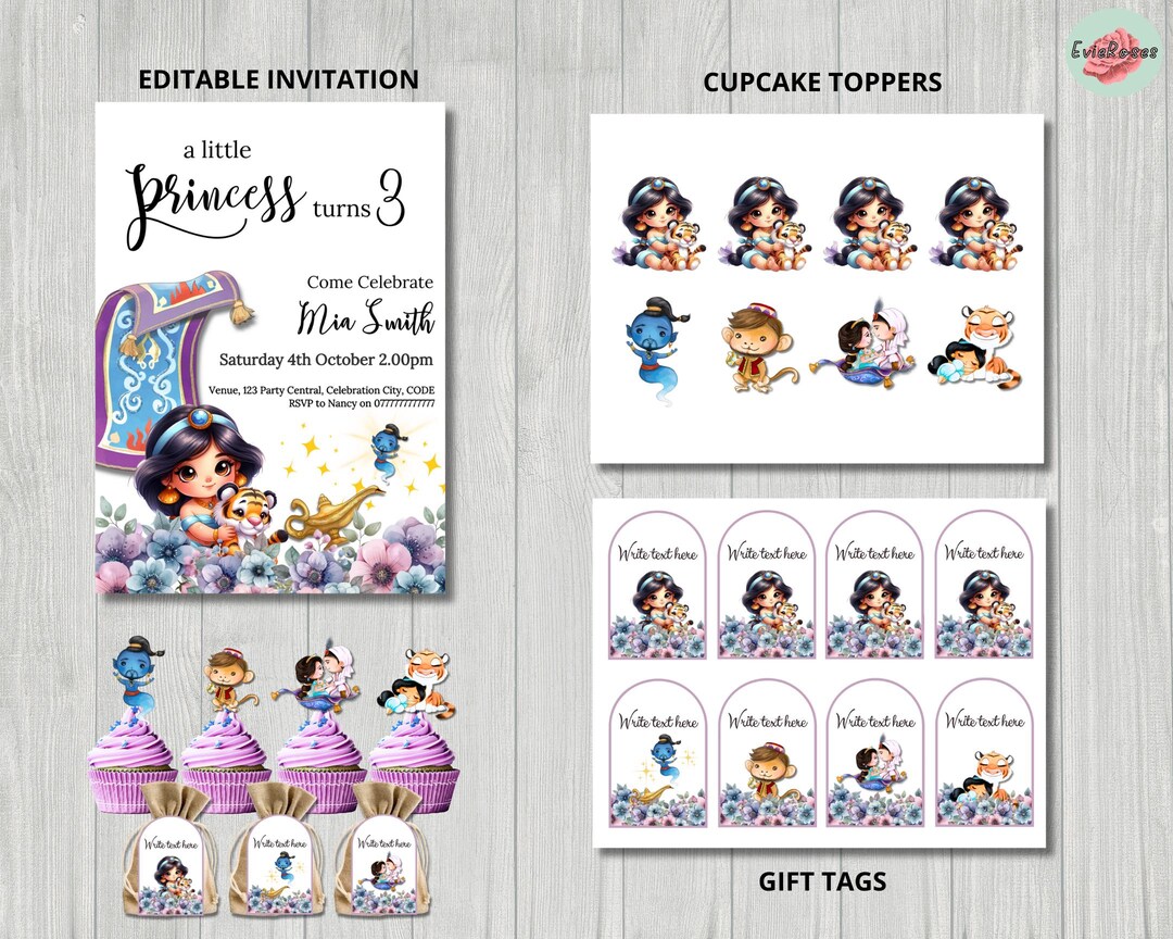 Princess Jasmine Birthday Party Bundle: Invitation, Favor Tags (digital ...