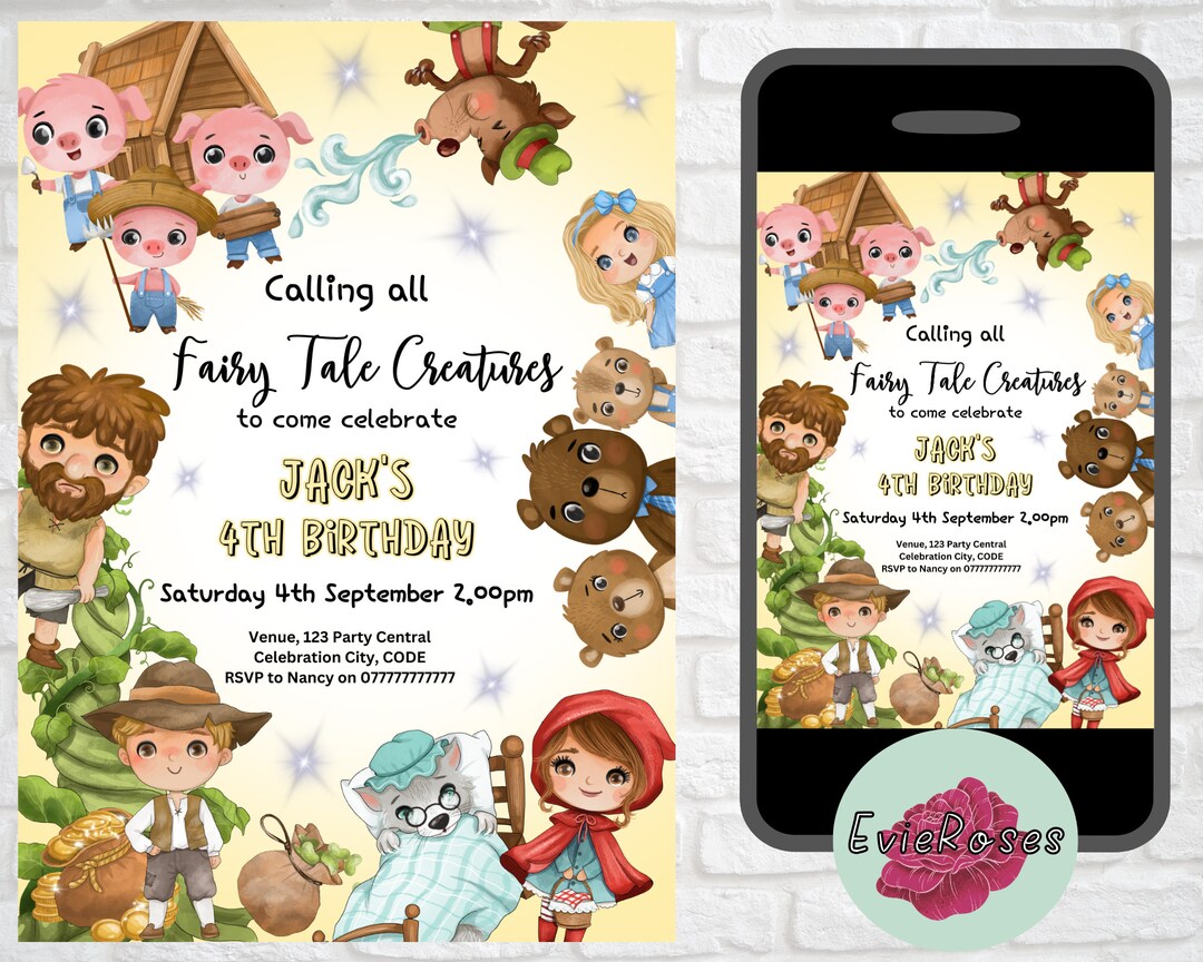 Fairy Tale Party Invite, Jack and the Beanstalk, Goldilocks, Red Riding ...
