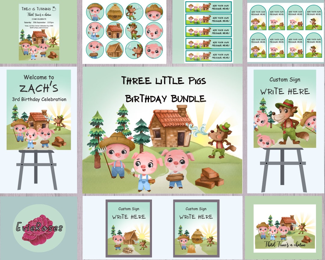 Early Learning Birthday, Toddler Party Bundle, Three Little Pigs, Green ...