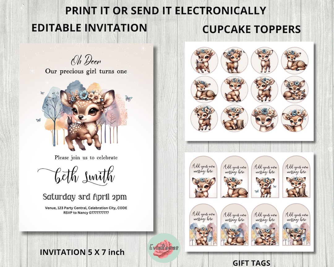 Bambi Birthday Invitation Bundle, Boho Woodland Mobile Text Evite, Deer ...