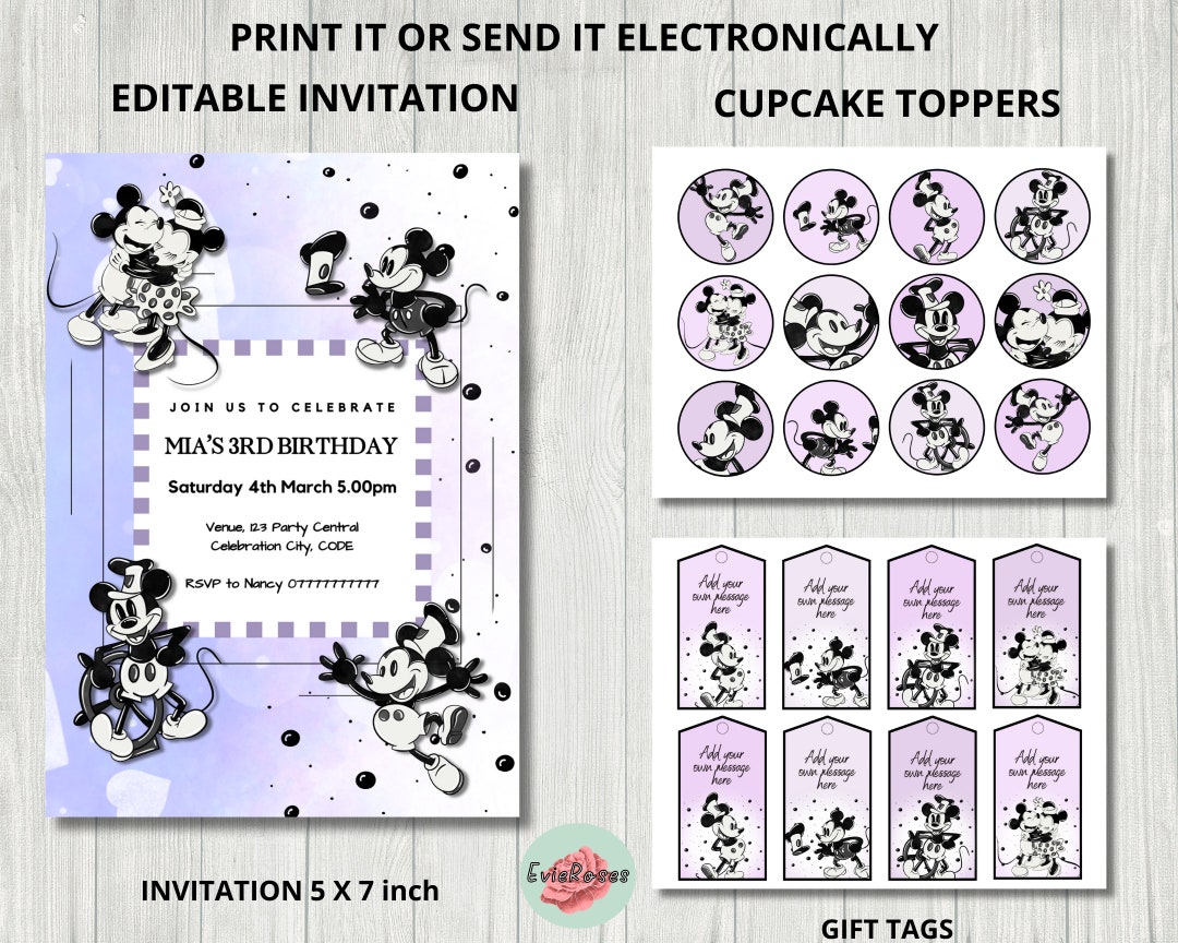 Steamboat Mickey Birthday Party Bundle: Editable Invite, Toppers ...