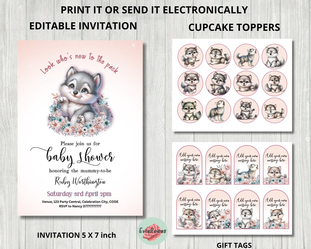 Wolf Baby Shower Invite Wolf Cub Party Decor Pink Girls Baby Shower ...