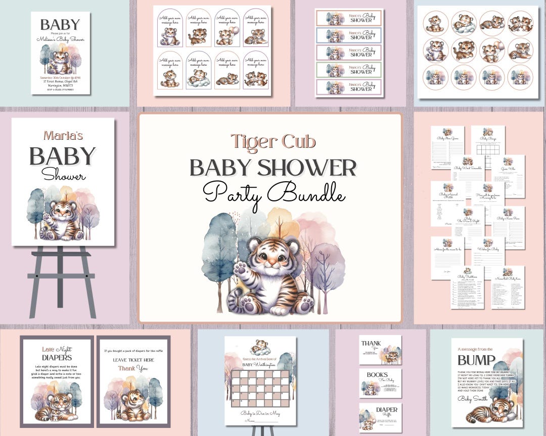 Watercolor Tiger Baby Shower Party Pack: Printable Invite, Sign, Labels ...