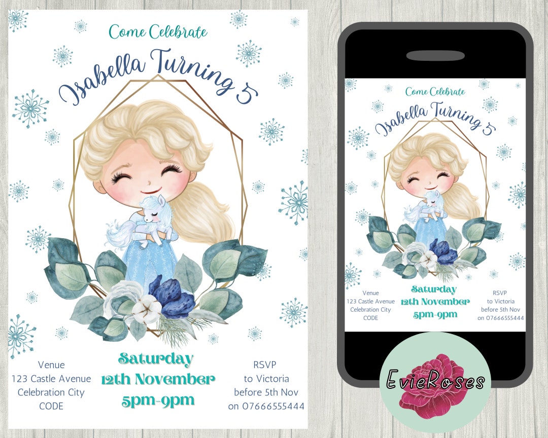 Princess Elsa Birthday Invite Winter Princess Birthday Decor - Etsy