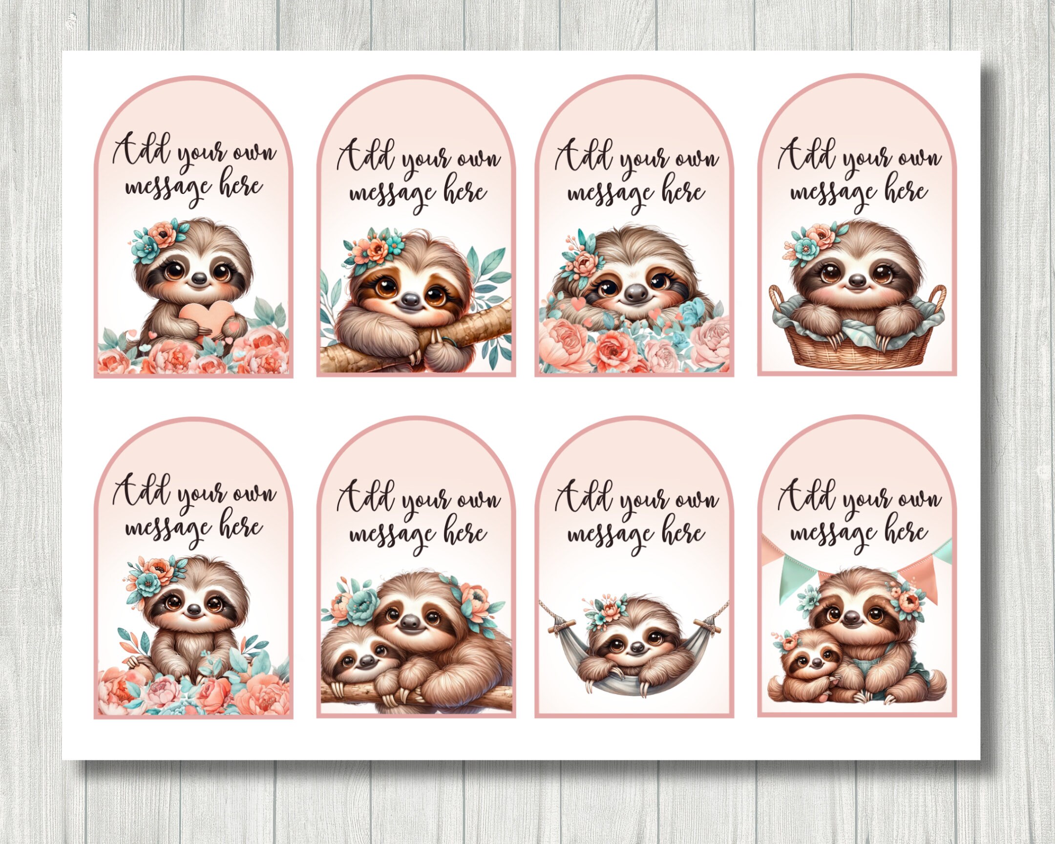 Sloth Gift Tags and Cupcake Toppers, Boho Party Printable Decor, Floral ...