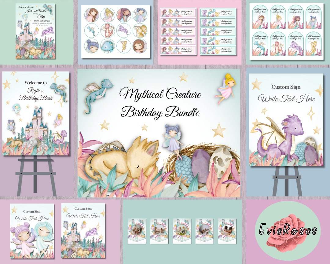 Mythical Creature Birthday Bundle, Colorful Dragon and Fairy Party ...