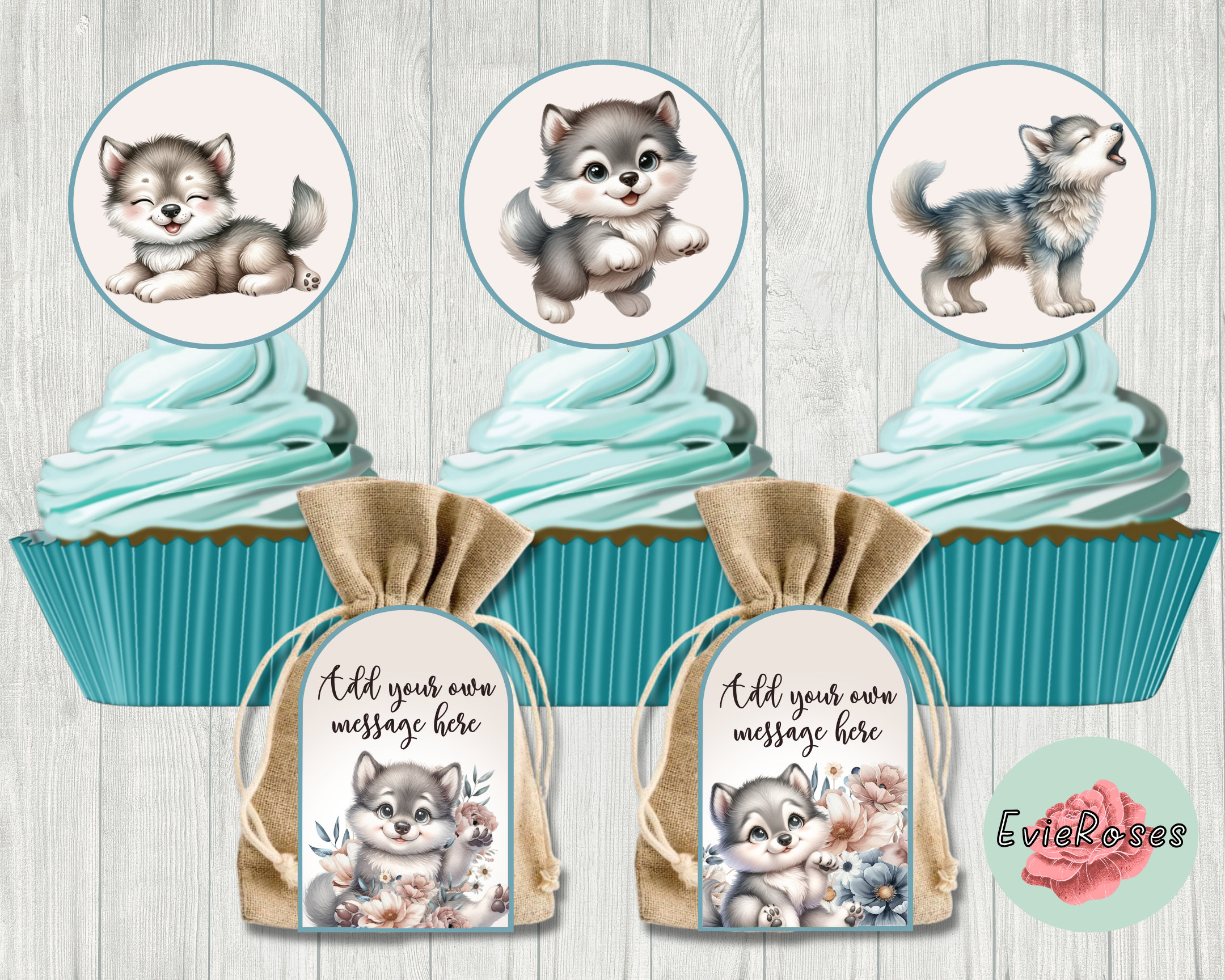 Wolf Gift Tags, Wolf Cub Cake Toppers, Blue and Beige Tags and Toppers ...
