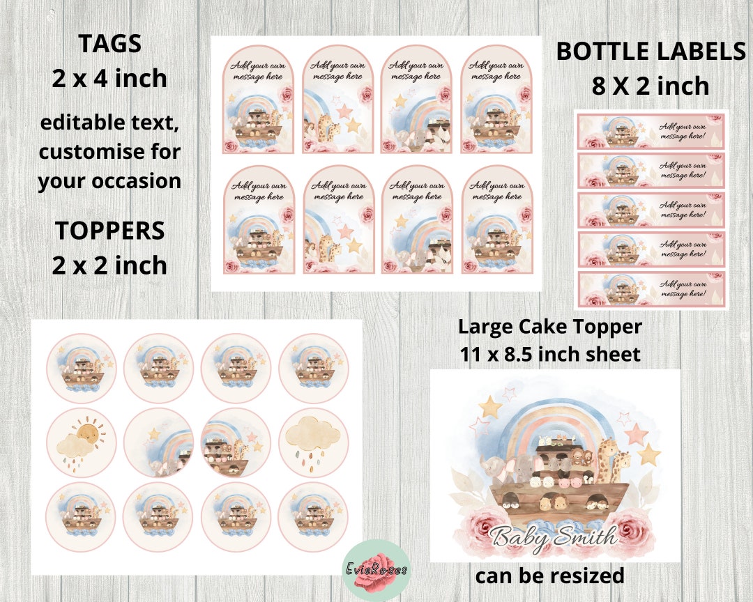 Noahs Ark Bottle Labels, Gift Tags and Cake Toppers, Dusty Rose Party ...