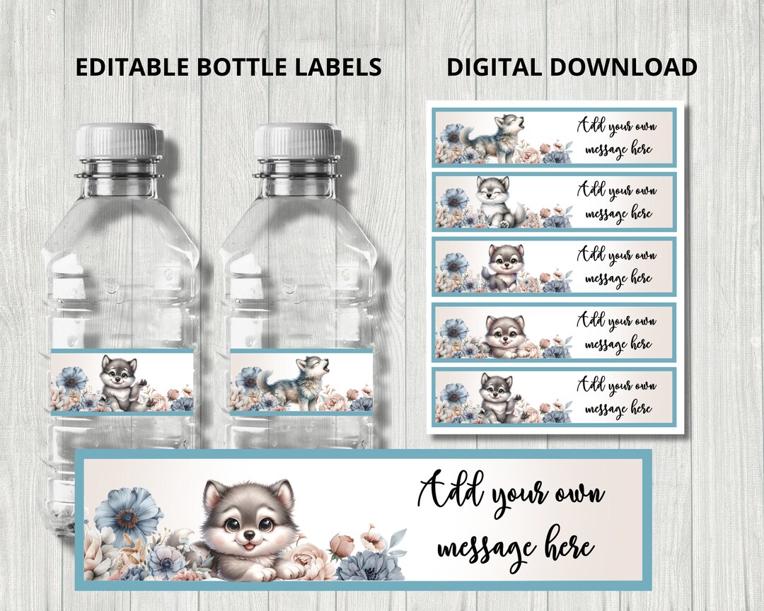 Wolf Bottle Labels, Wolf Cub Party Decor, Blue Boho Printable Supplies ...