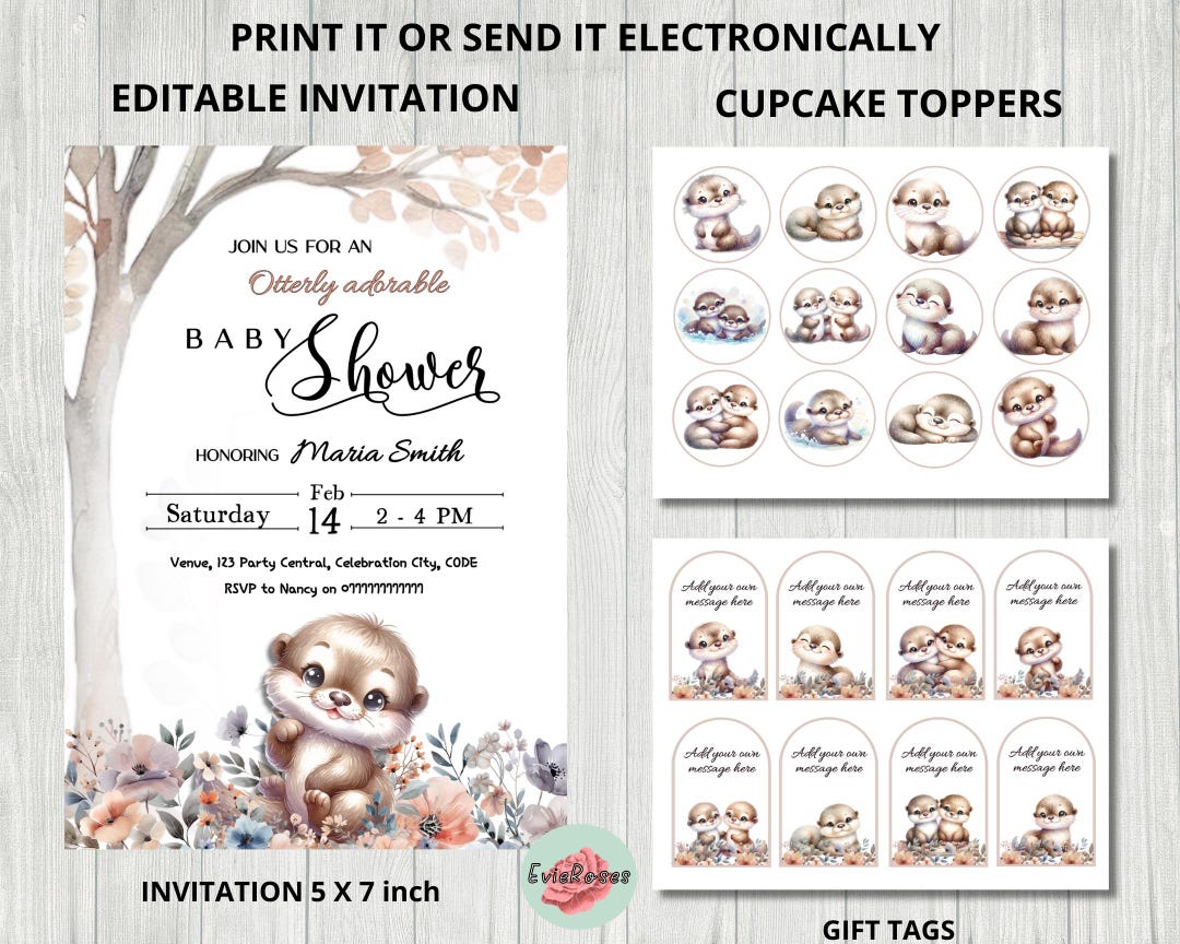 Cute Otter Invite, Gift Tag and Cake Topper Bundle, Neutral Baby Shower ...