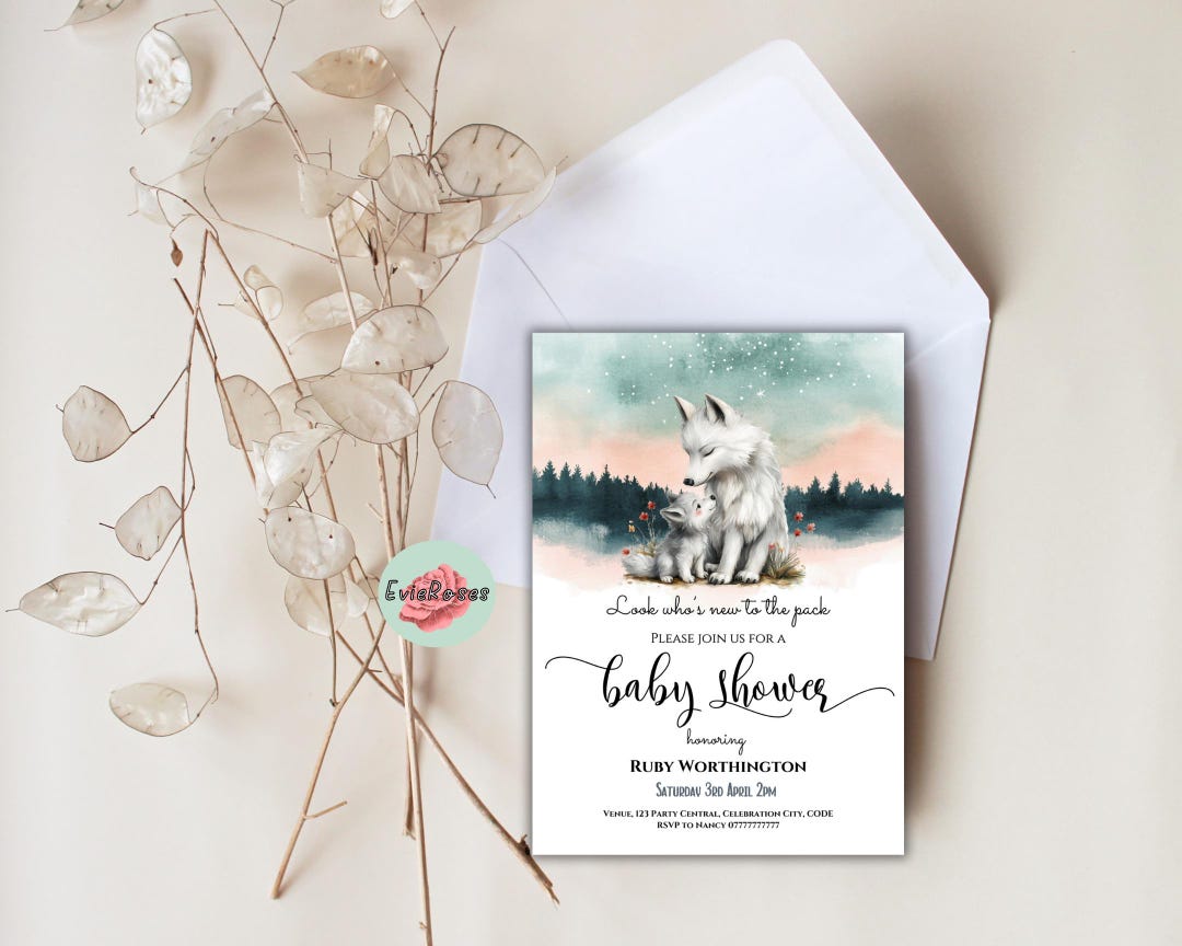 Wolf Baby Shower Invitation: Wolf Pup Text Evite, Gender Neutral E2168 ...