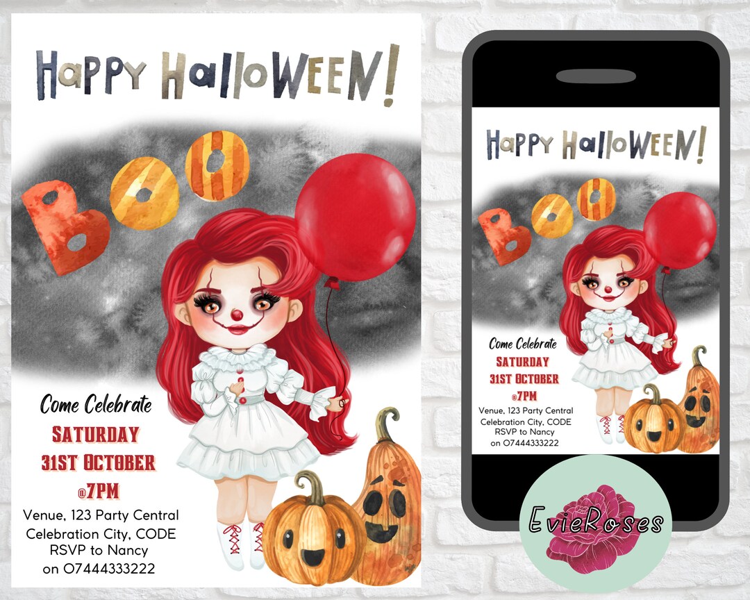 Clown Halloween Invite, Scary Halloween Text Evite, Spooky Horror ...