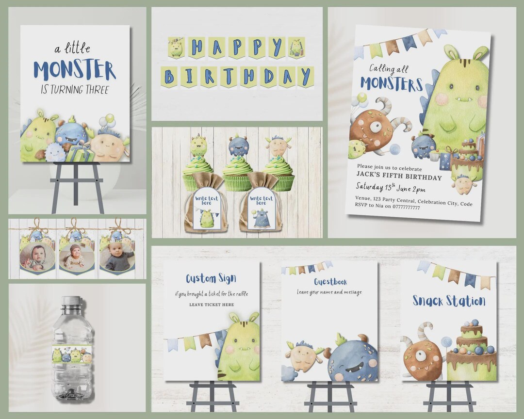 Blue & Green Monster Birthday Party Bundle: Editable Invitations, Signs ...