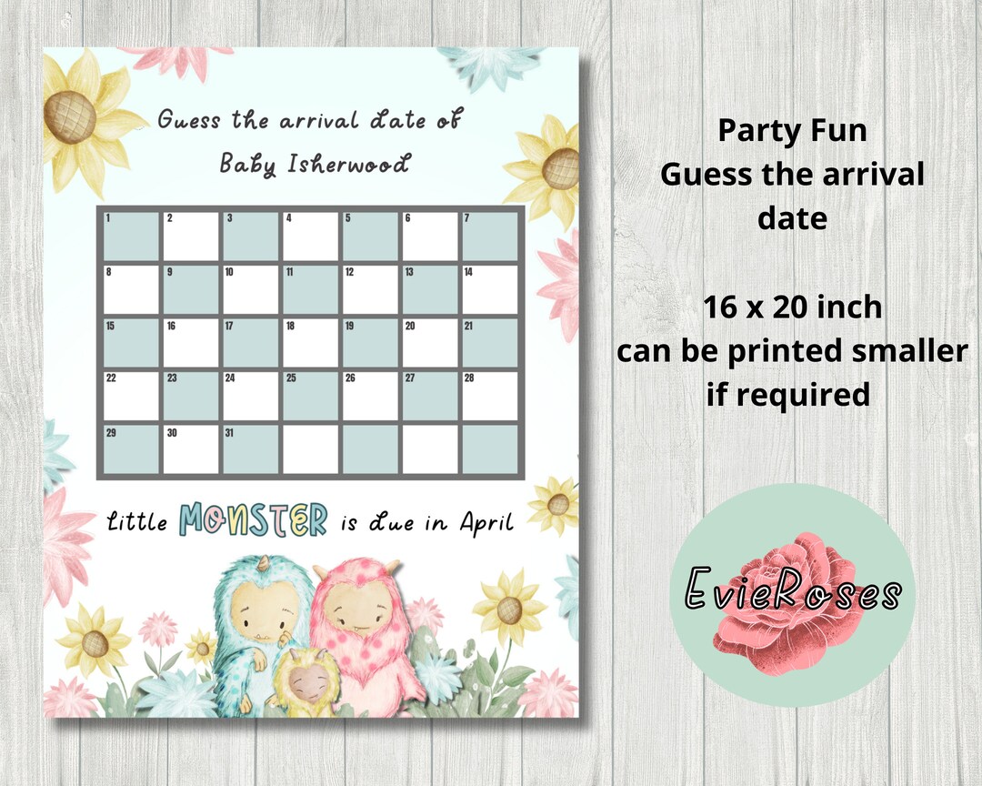 Monster Baby Shower Game: Guess the Arrival Date Poster (digital ...