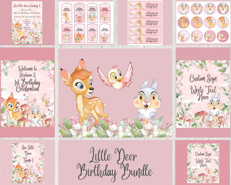 Bambi Birthday Bundle, Bambi Invite, Welcome Signs, Bottle Labels, Gift ...