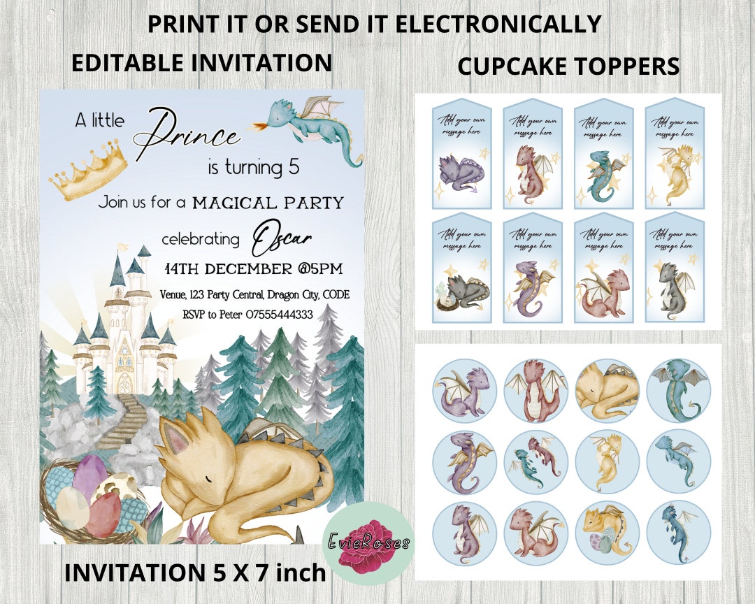 Dragon Birthday Party Bundle: Editable Invitation, Gift Tags (digital ...