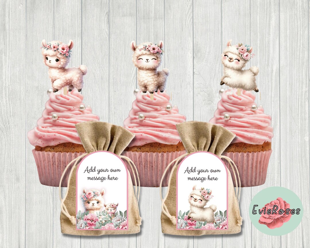 Llama Gift Tags and Cake Toppers, Pink Alpaca Party Decor, Girls Baby ...