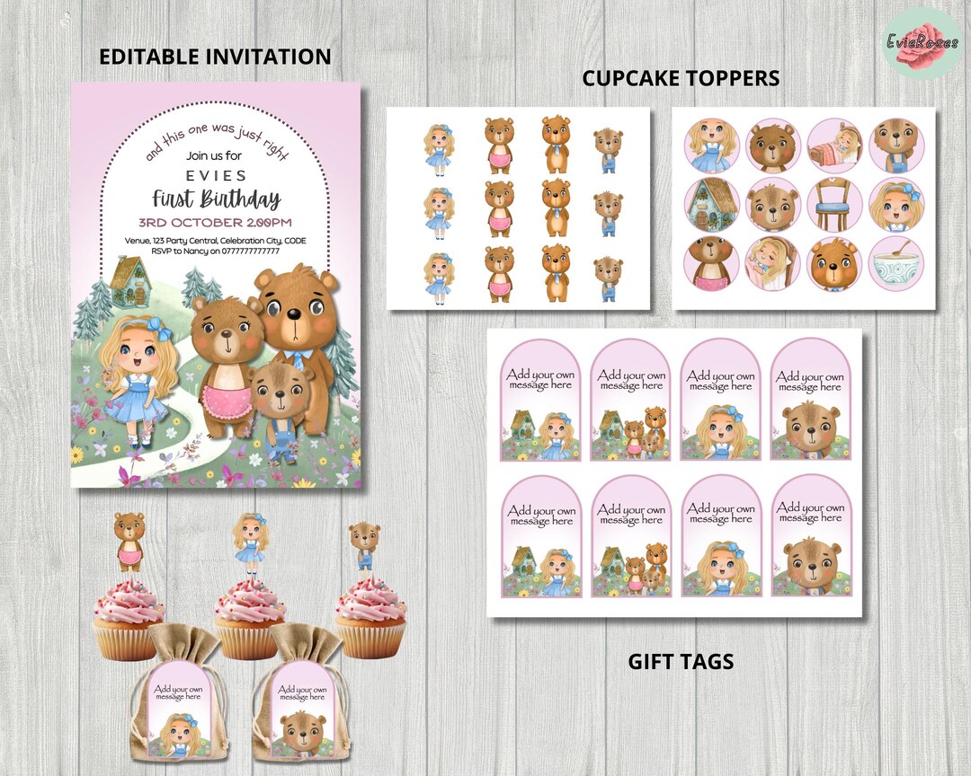 Goldilocks First Birthday Invitation: Light Pink Party (digital ...