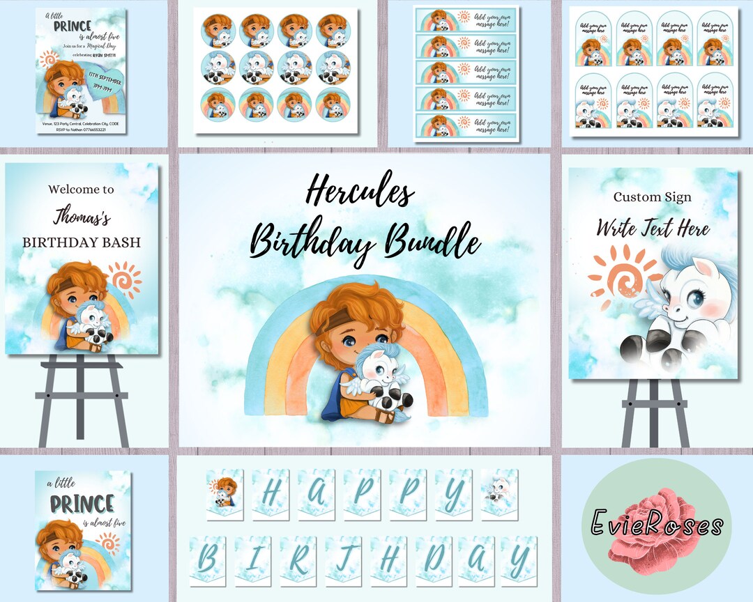 Hercules Birthday Bundle, Blue Boys Party Evite, Prince Birthday Decor ...