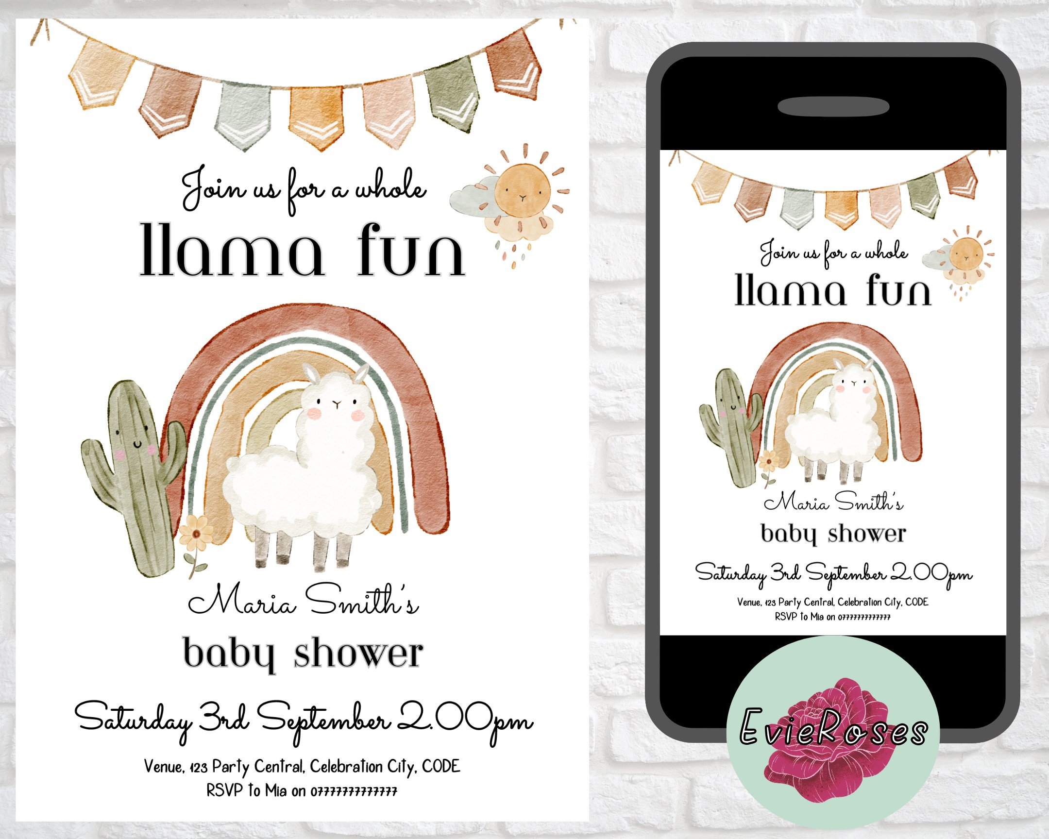 Llama Baby Shower Invitation, Boho Text Evite, Watercolor Rainbow Party ...