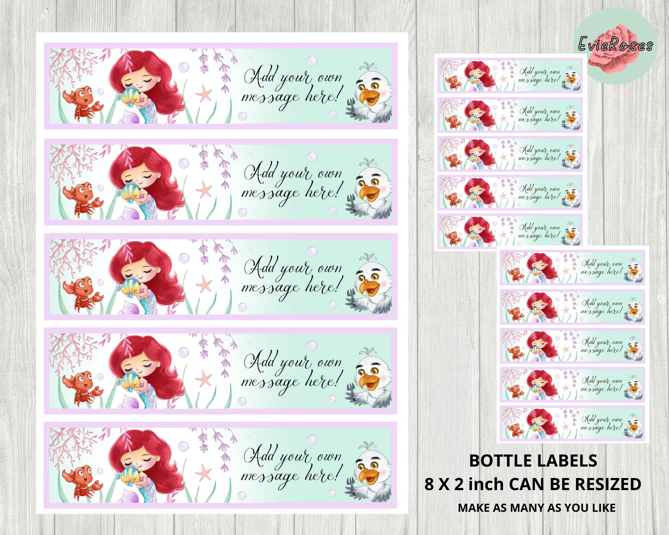 Mermaid Bottle Labels, Printable Ariel Party Decoration, Lilac and ...