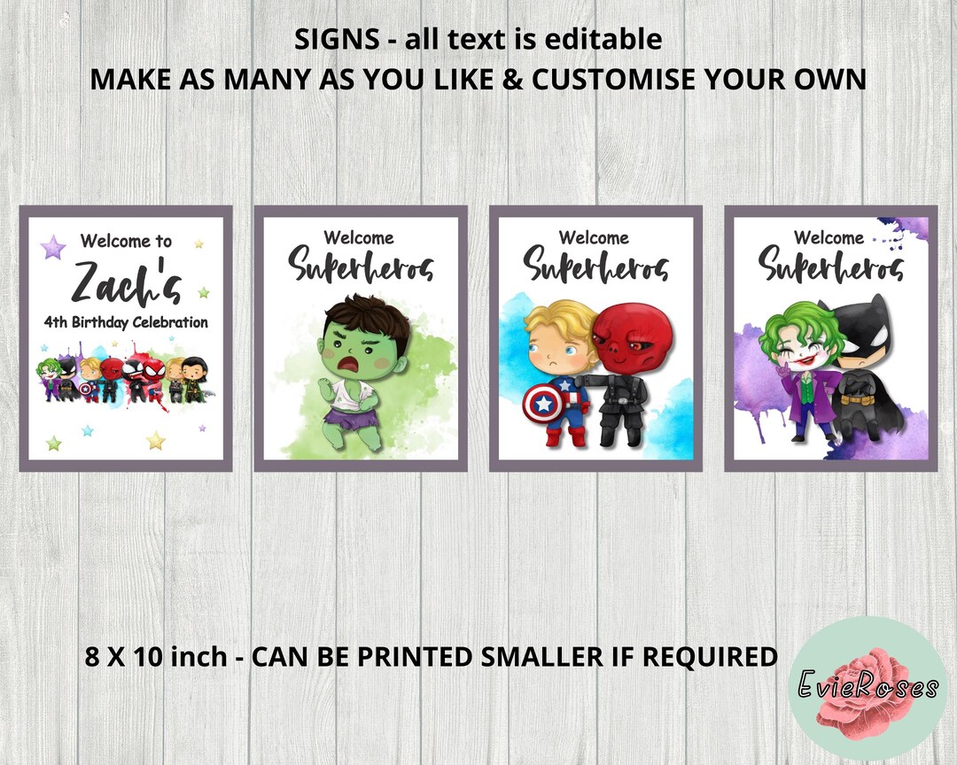 Superhero and Villain Party Signs, Personalized Hero Decor, Printable ...