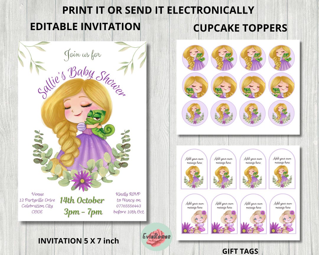 Rapunzel Baby Shower Invitation Bundle: Editable Princess Party Decor ...