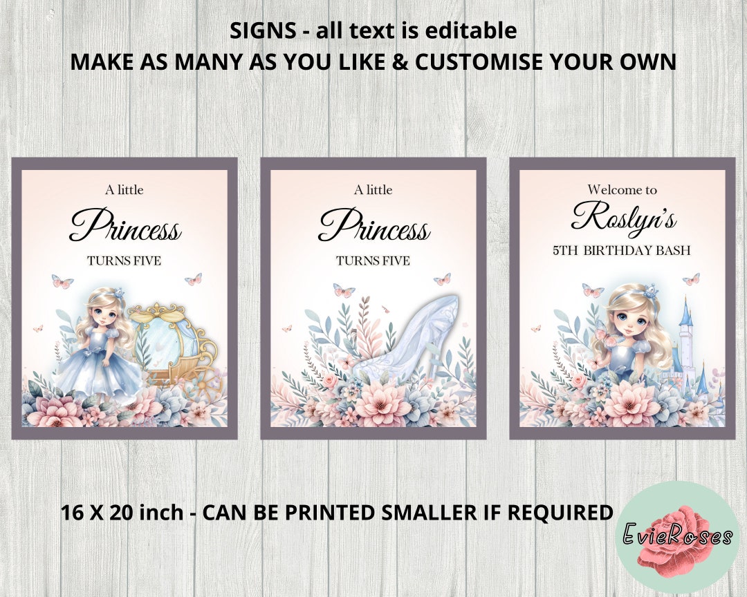 Cinderella Birthday Welcome Signs, Princess Party Printable Decor, Pink ...
