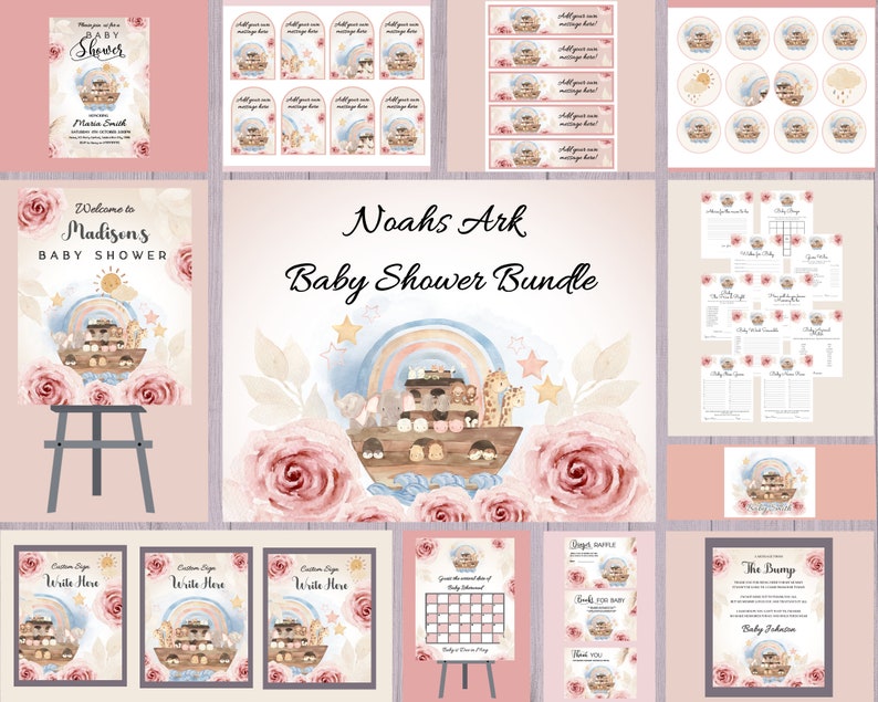 Noahs Ark Baby Shower Bundle, Dusty Rose Floral Decor, Editable Invite ...