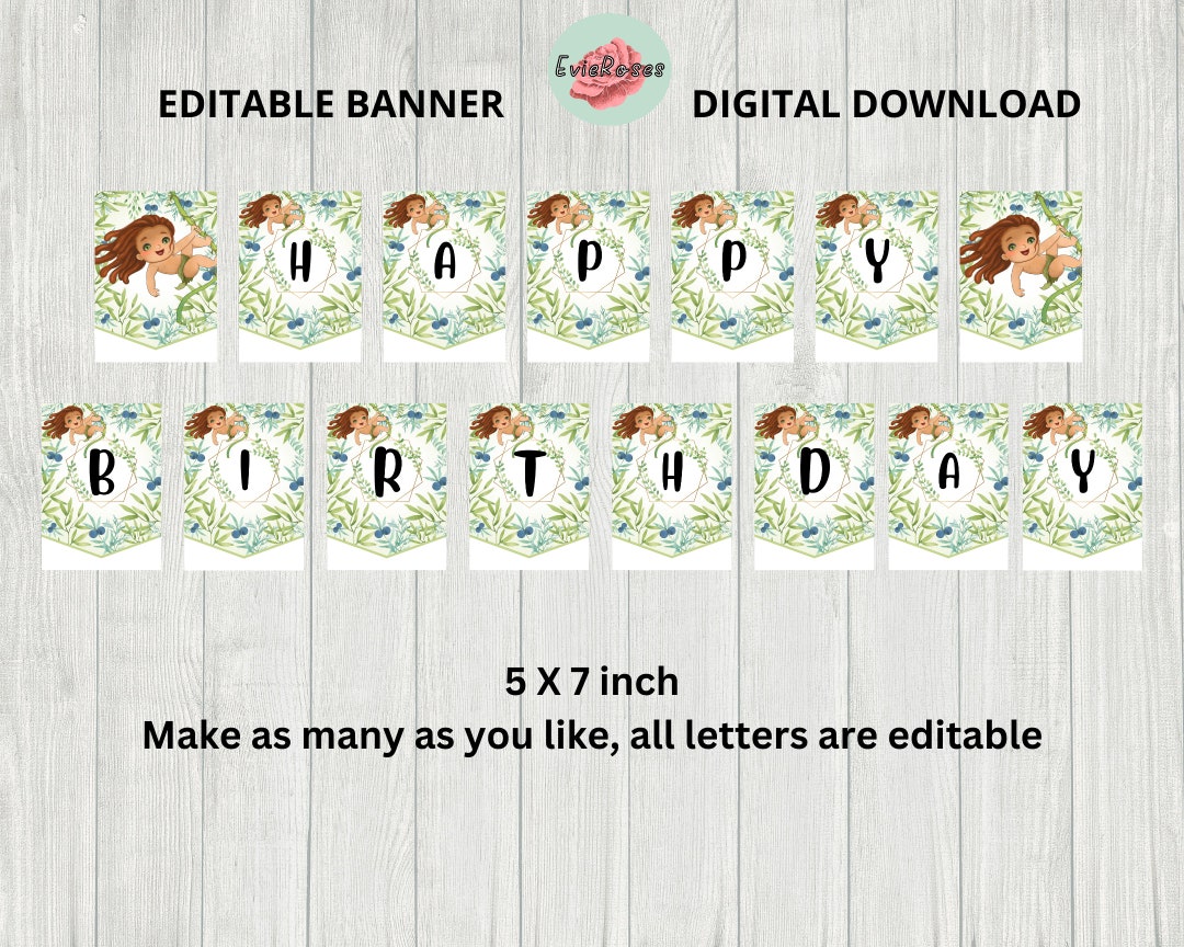 Jungle Birthday Banner: Editable Greenery Party Decor (digital Download ...