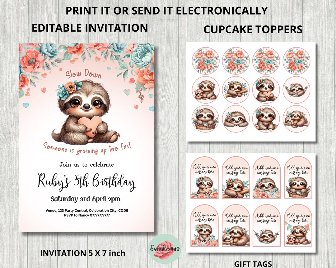 Boho Sloth Birthday Invitation: Party Decor & Gift Tags (digital Design ...