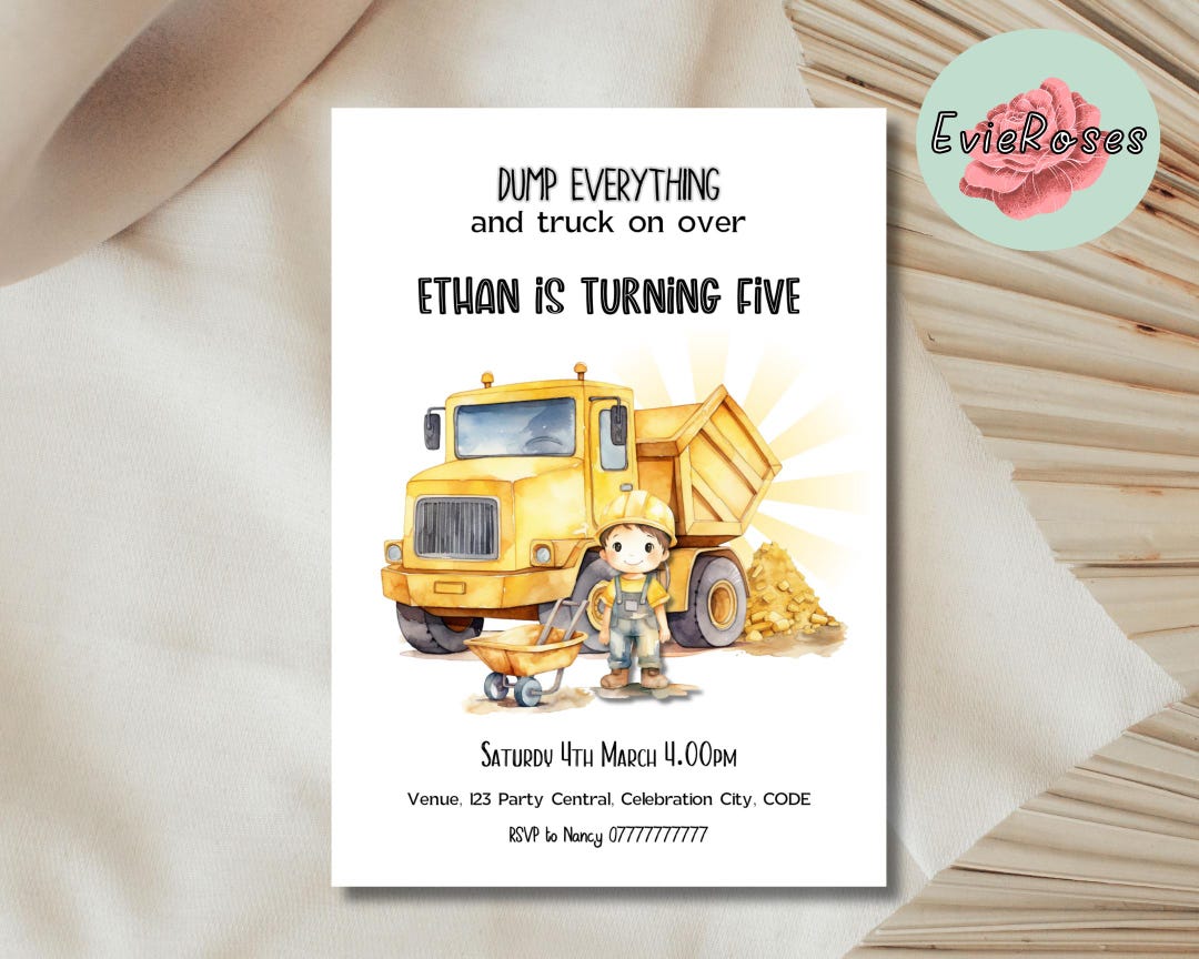 Truck Birthday Invitation: Construction Party RSVP, Editable Template ...