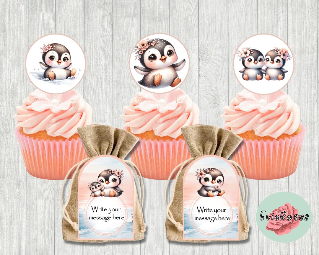 Penguin Gift Tags and Cake Toppers, Peach & Blue Party Decor (digital ...