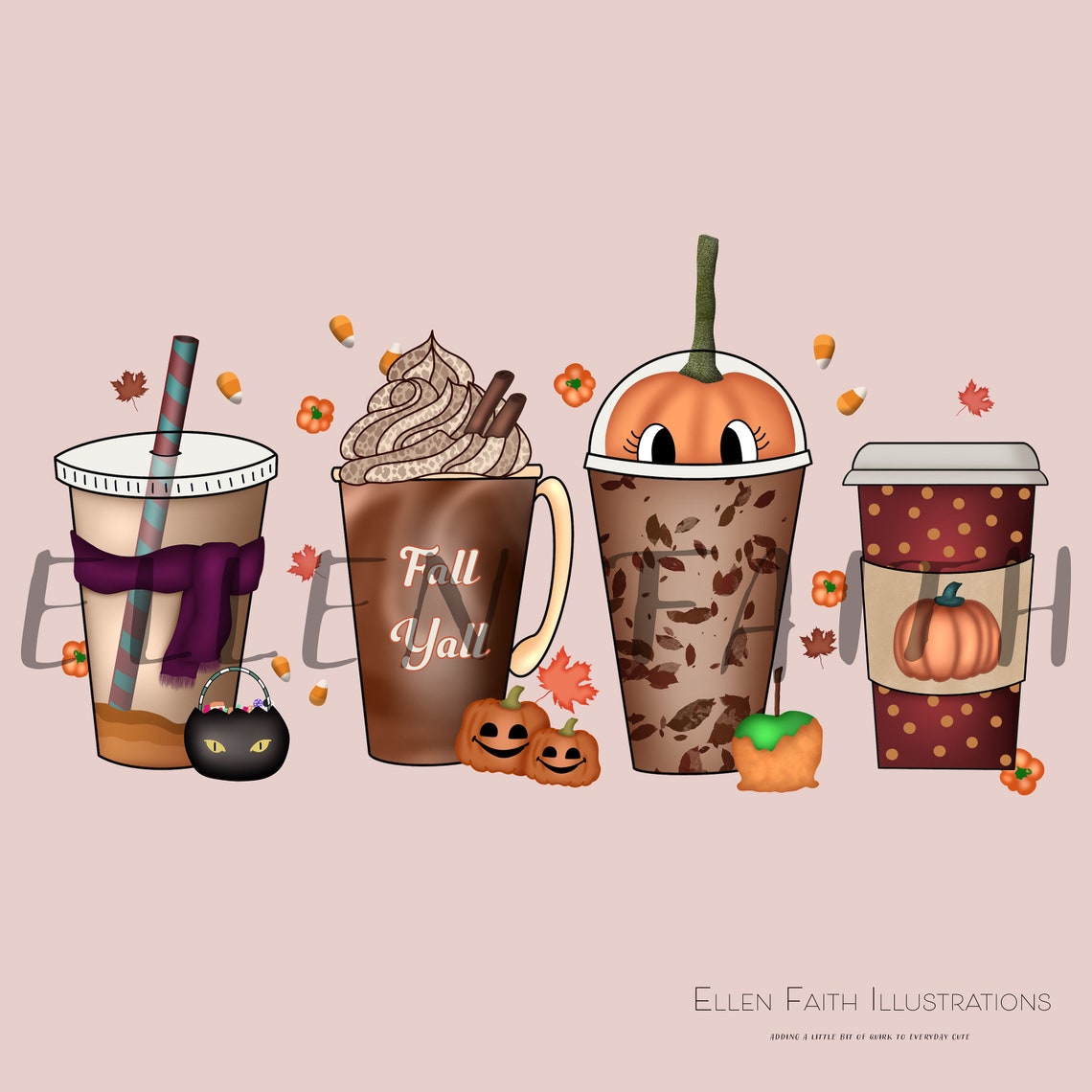 Fall Coffee Clipart, Hand Drawn PNG, Sublimation PNG, Clipart ...